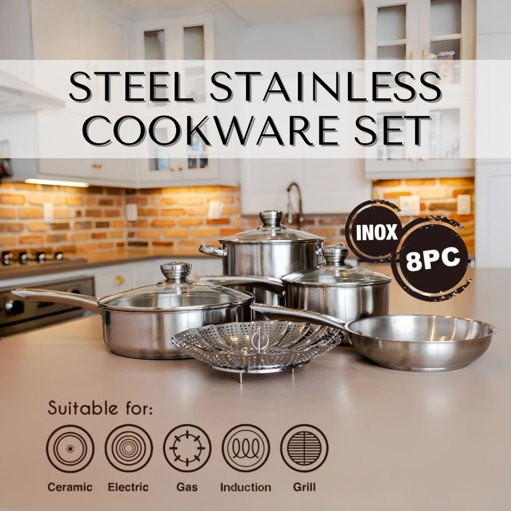 8-pcs Stainless Steel Cookware Set Induction Cooking Set Fry Pan Wok ...