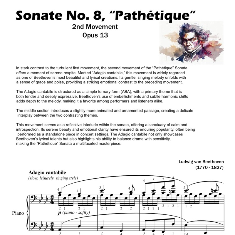 Beethoven’s Pathetique 2nd Movement | Piano Sheet Music Score with note ...