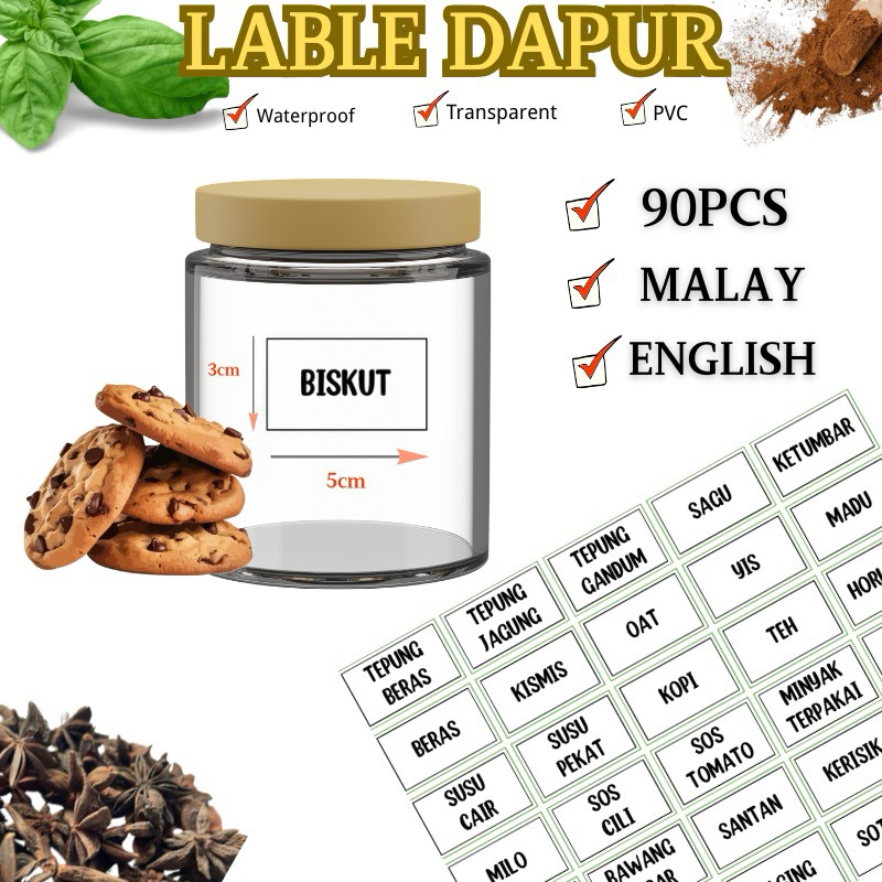 Sticker Dapur Transparent Label Dapur Waterproof Saiz 3cm x 5cm 90pcs ...