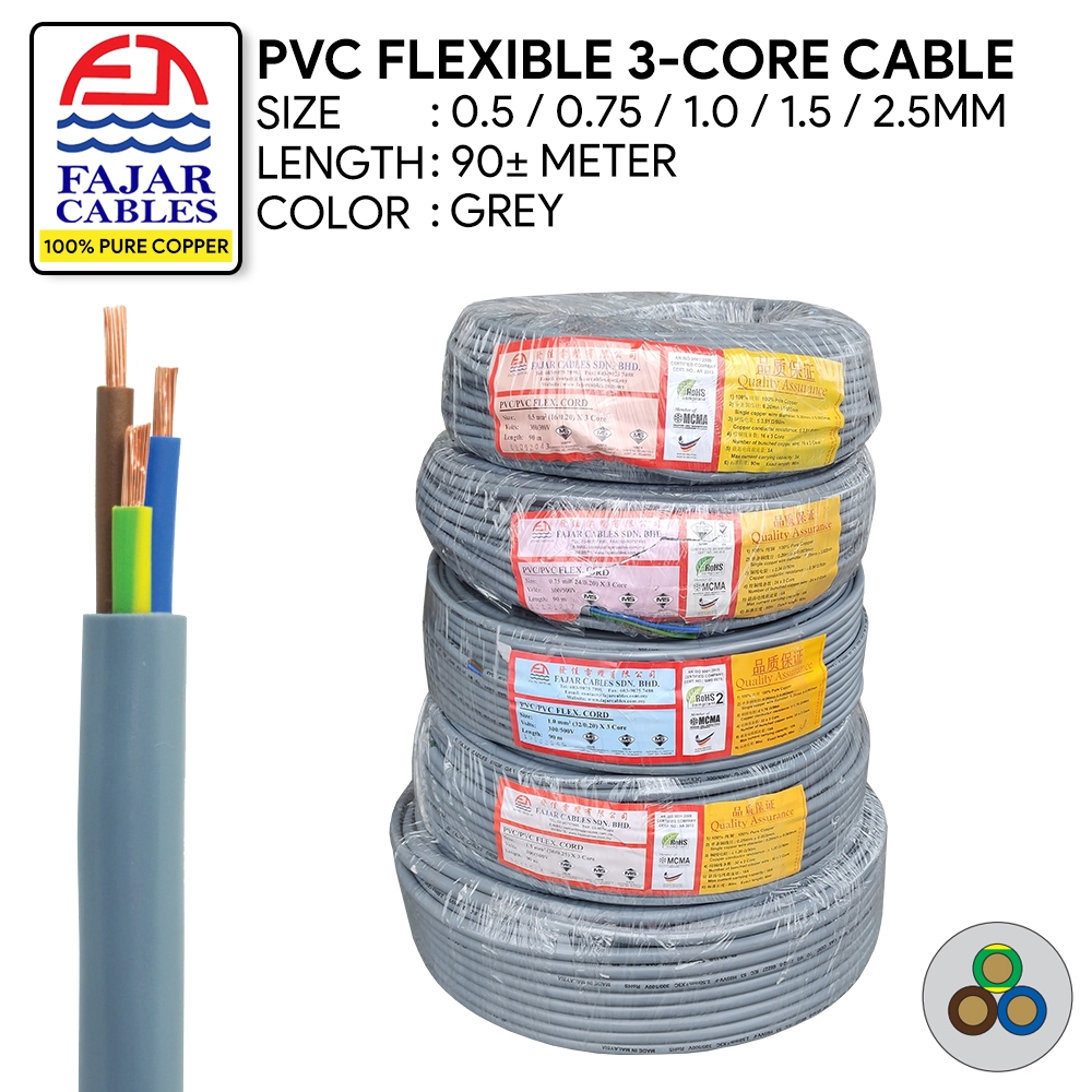 FAJAR 1.5mm² / 2.5mm² / 4.0mm² 3 Core Flexible Cord Cables 100% Pure Copper (SIRIM) | Shopee ...
