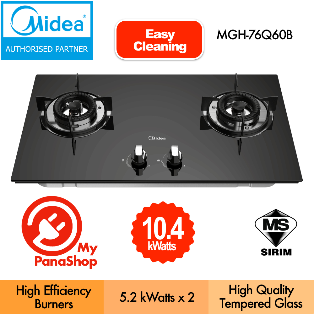 Midea/Faber 2 Burners Tempered Glass Built-in Gas Hob ( 5.2kW x 2 / 3.6kW x 2 ) MGH-76Q60B ...