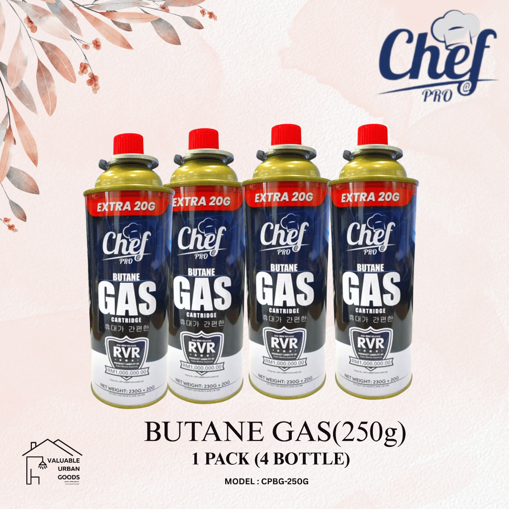 4 bottle 250g Chef Pro Butane Gas Cartridge CP-009BG 230G (+Extra 20G ...