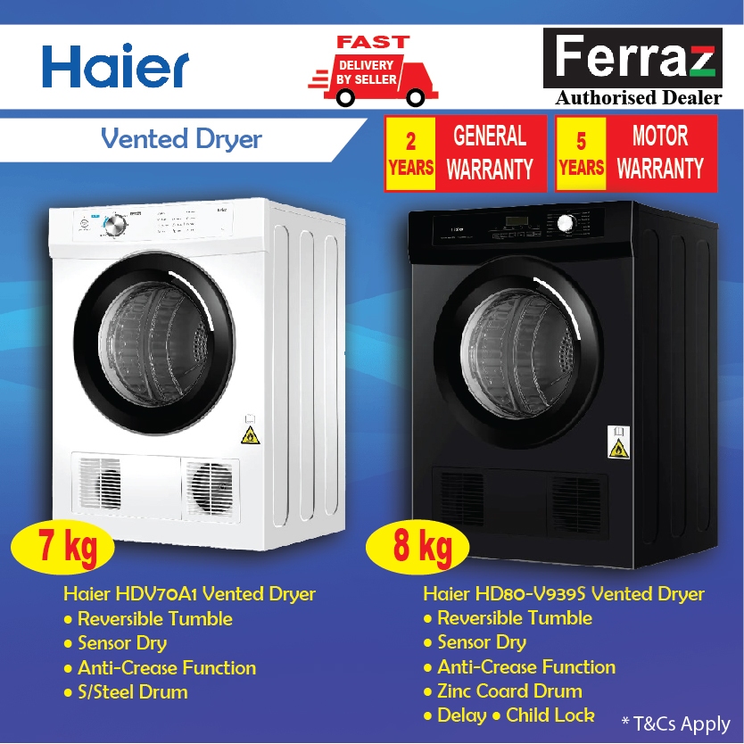 Haier HDV70A1 7kg S/Steel Drum Vented Dryer /Haier HD80-V939S 8kg ...