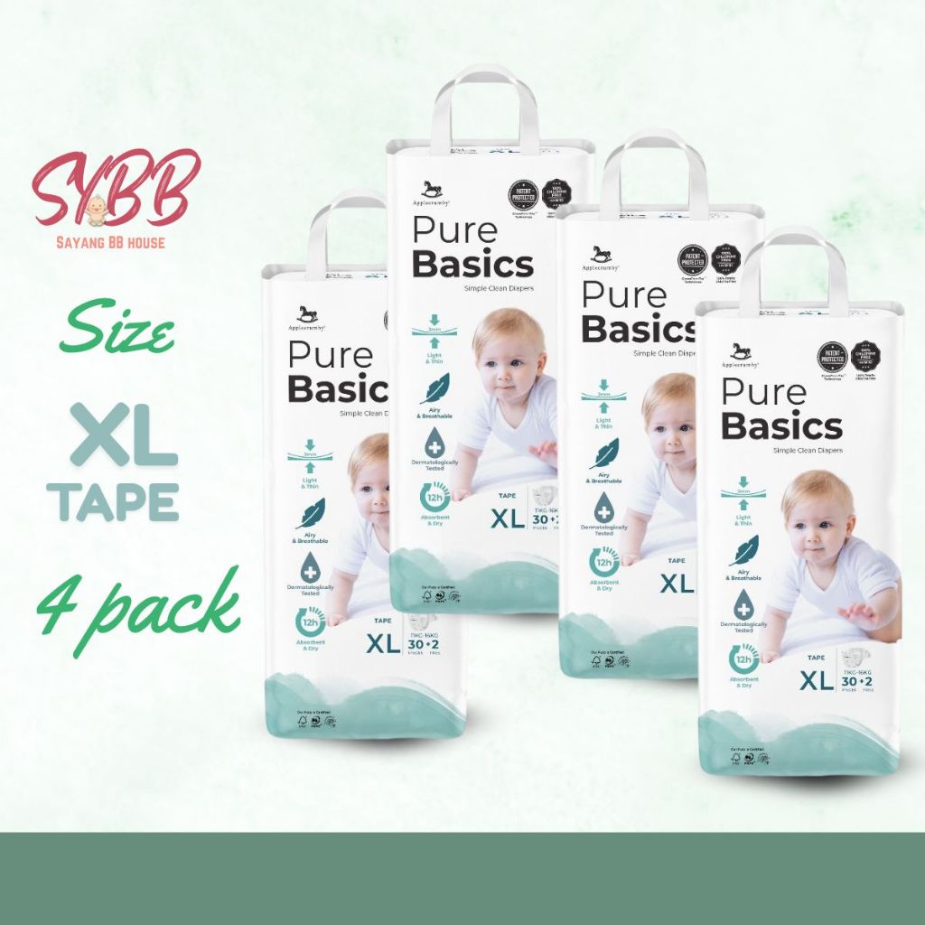 Size XL - Applecrumby Purebasic baby Diapers 4 Packs Bundle (Tape ...
