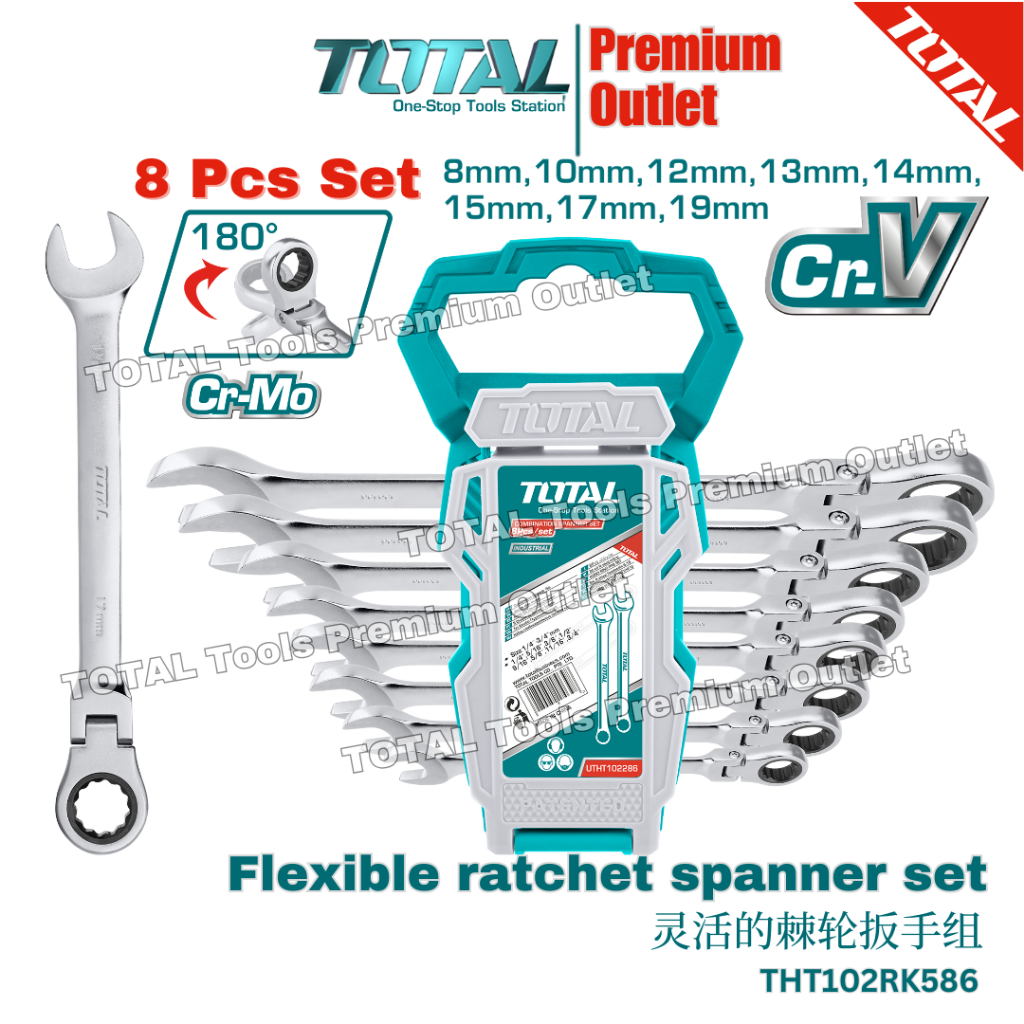 TOTAL Tools Cr-V 8pcs Flexible ratchet spanner set Size 8mm~19mm 灵活的棘轮扳手组 - THT102RK586 | Shopee ...
