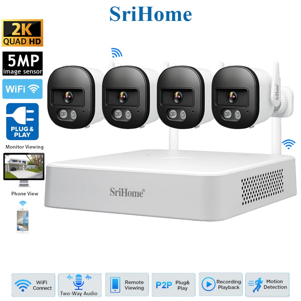 NVR WiFi (5MP) SriHome Wireless CCTV Security System + 4 Camera 2K ...