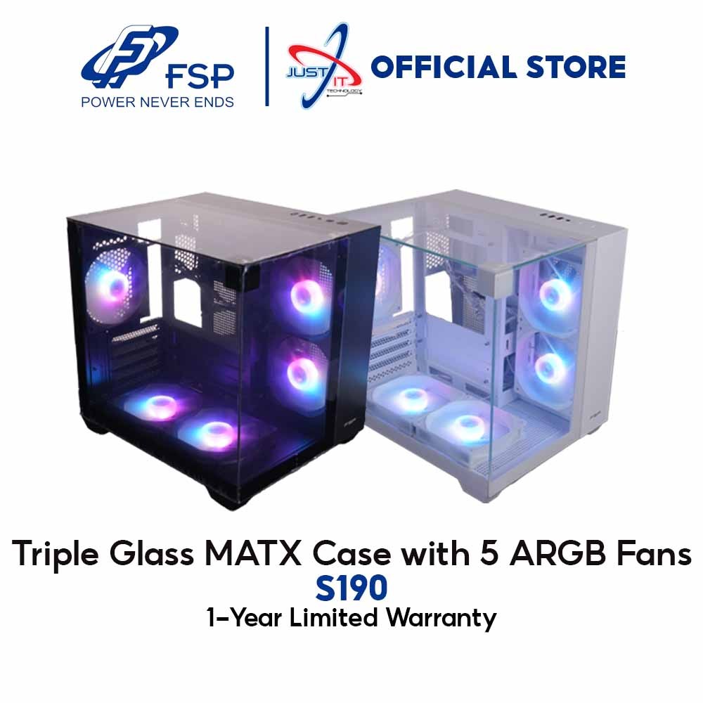 FSP S190 TRIPLE GLASS M-ATX PC CASE / CASING WITH 5 ARGB FANS - BLACK ...