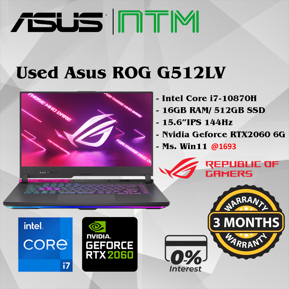 #1693 Used Asus ROG G512LV Gaming Laptop Intel Core i7-10870H 16GB ...