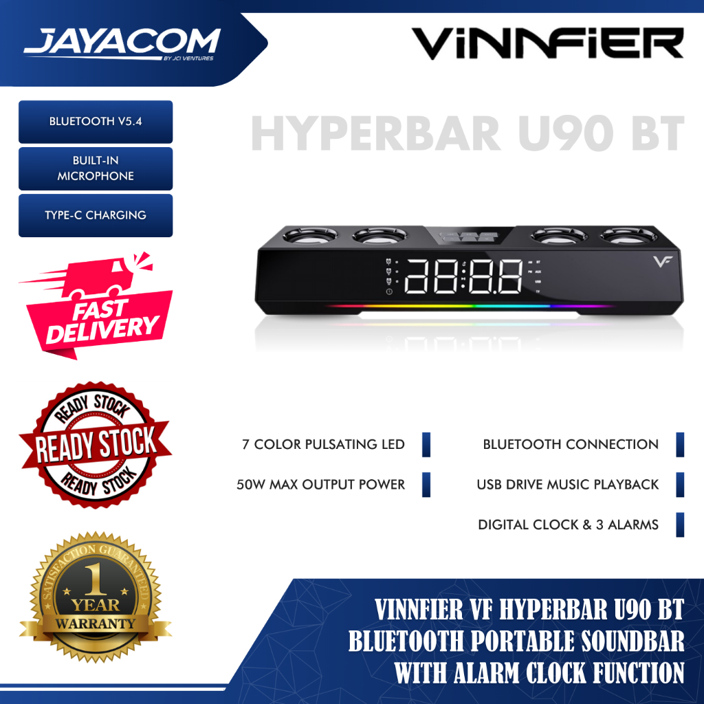 Vinnfier VF Hyperbar U90 BT 50W Bluetooth Portable Soundbar with Alarm Clock Function (RGB Light ...