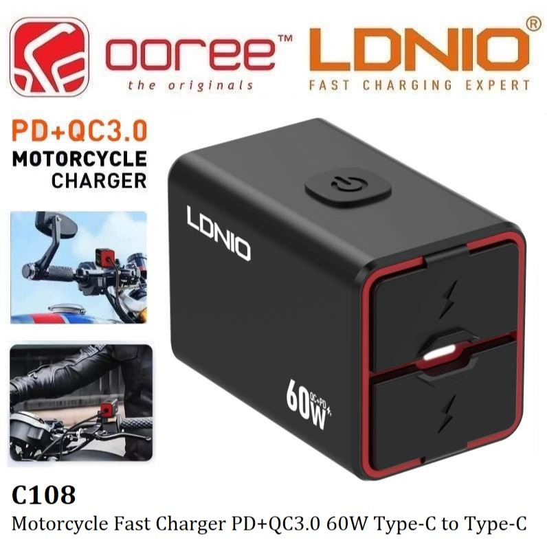 LDNIO C108 PD+QC3.0 MOTORCYCLE FAST CHARGER IPX6 WATERPROOF 60W FAST CHARGING (USB-C 30W + USB-A ...