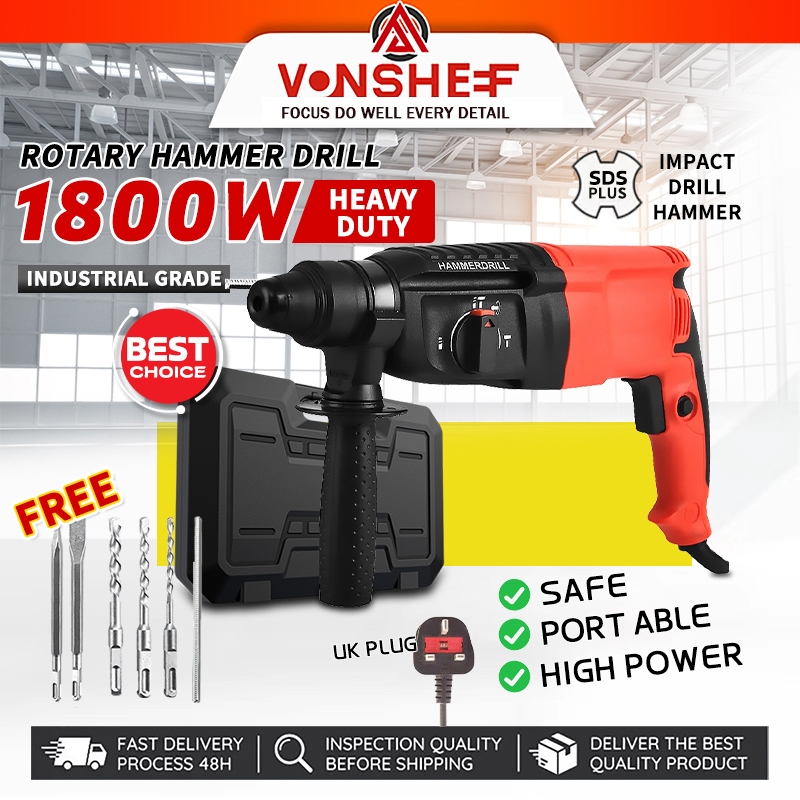1800W Rotary Hammer Drill 3 Mode Rotary Impact Hammer Drill Concrete ...