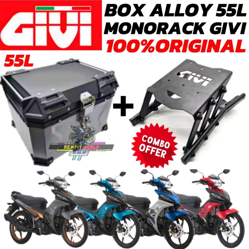 COMBO SET BOX ALLUMINIUM 55L + MONORACK GIVI LIPAT YAMAHA LC135 V2-V7 ...
