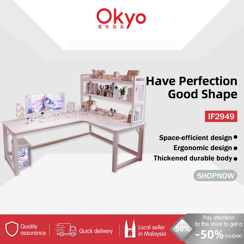 L Shape Gaming Table Corner Desk White Computer Table Meja Komputer ...