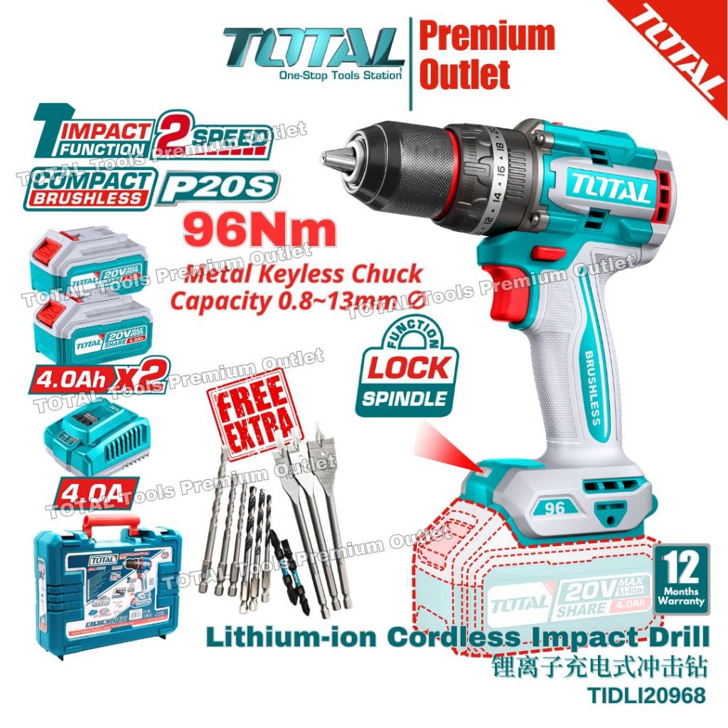 TOTAL Tools 96Nm Compact BL motor Cordless Impact Drill Metal Chuck ∅0. ...
