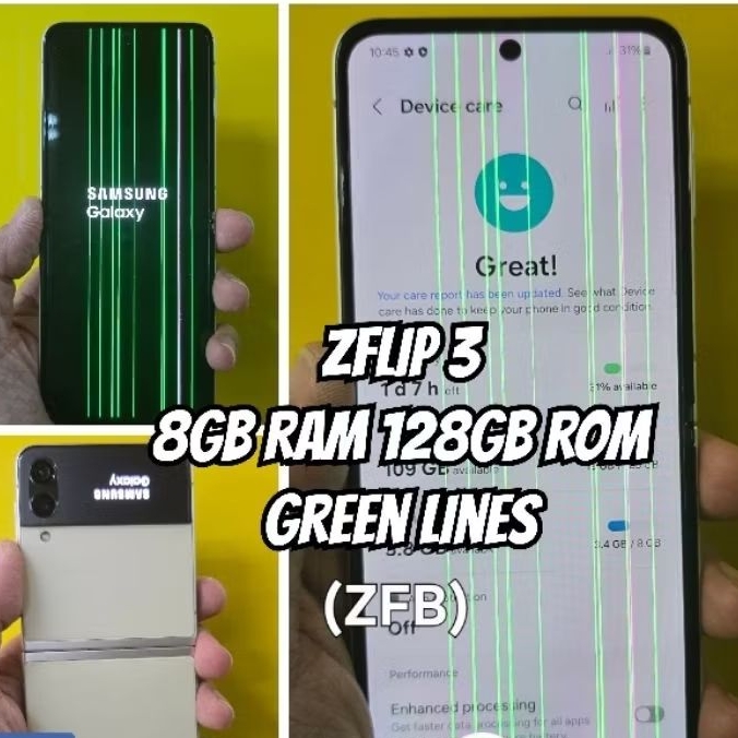 Samsung Galaxy Zflip 3 Good Condition Green Line LCD Minus Defect ...