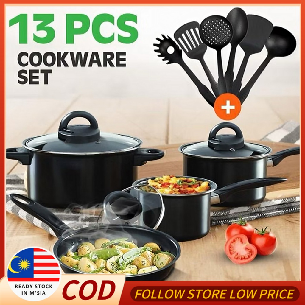 【13pcs】 Non Stick Cookware Set Kuali Batu Kitchen Cooking Pots and Pans ...