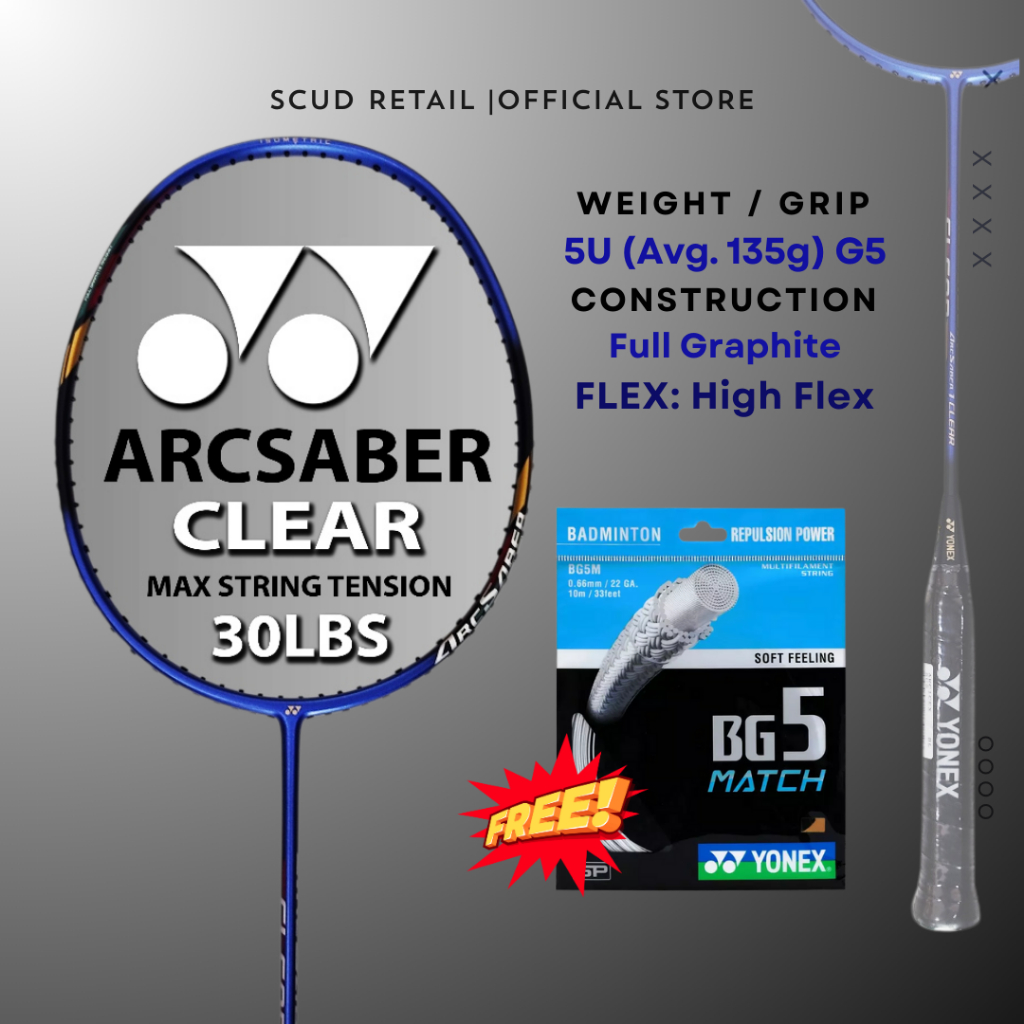 Yonex Badminton Racket Arcsaber CLEAR 5U Max Tension 30 lbs (Free ...