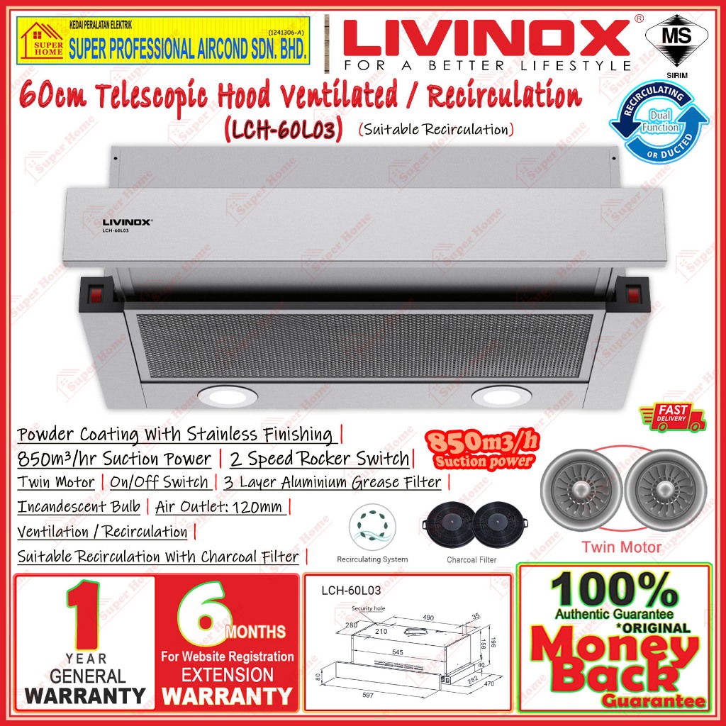 Livinox Telescopic Hood LCH-60L03 60cm Recirculation Hood Suction Power ...