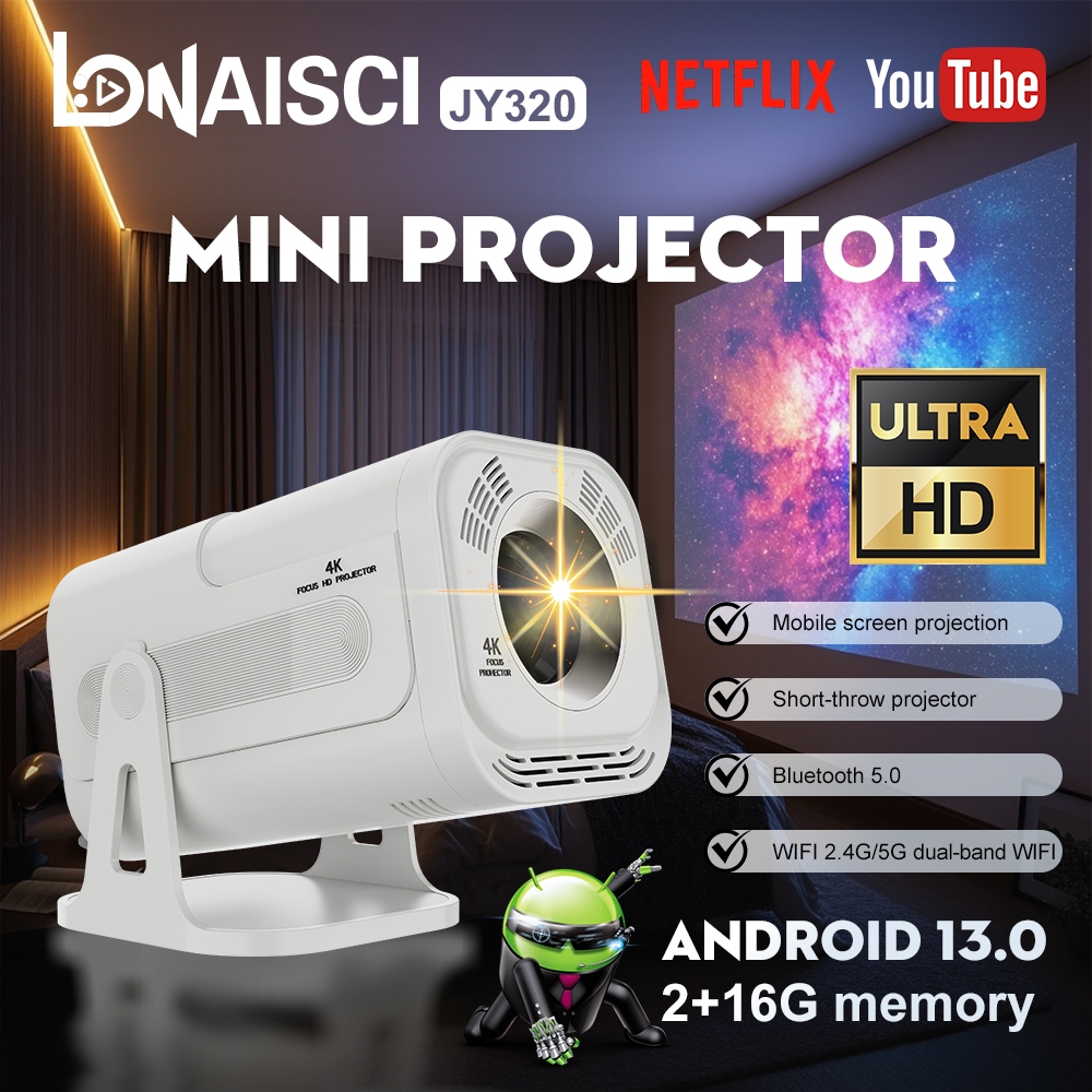 JY320 mini portable short-throw projector Android 13 wireless Bluetooth ...