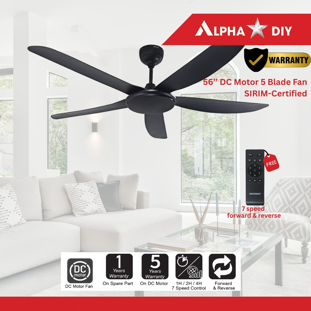BOSSMAN 56" Black Ceiling Fan 5 Blade 7 Speed SIRIM-Certiifed DC Motor ...
