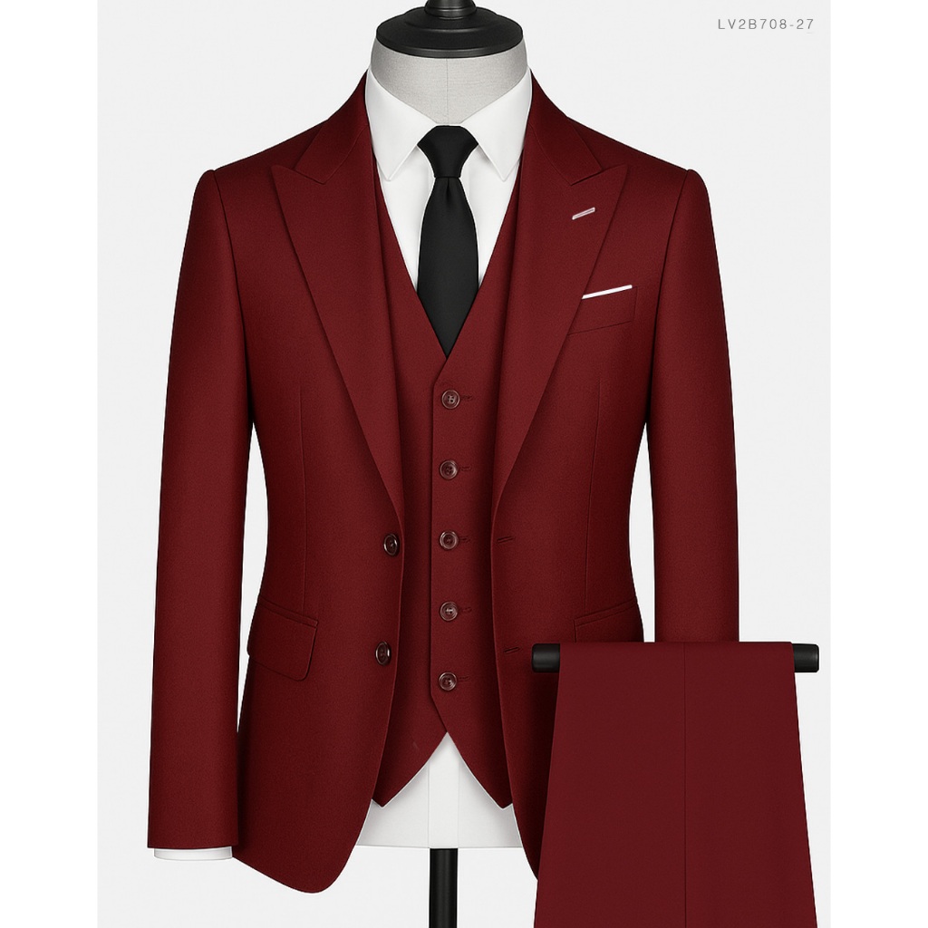 [3-PIECE SET] Mens 3-Piece Set Slim-Fit Maroon Formal/Wedding/Business ...