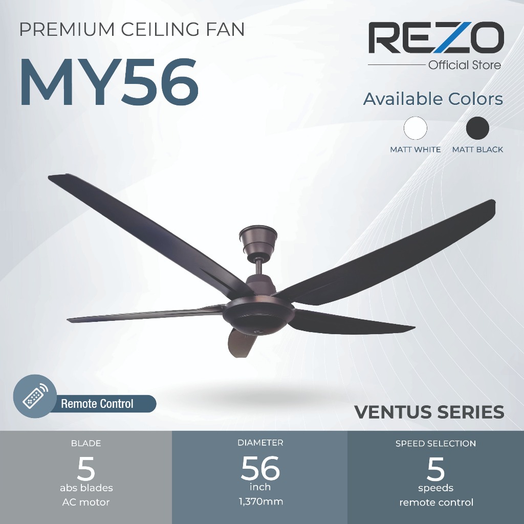 REZO Ventus Series 54" 5 Blades AC Motor Ceiling Fan With Remote [ MY56 ...