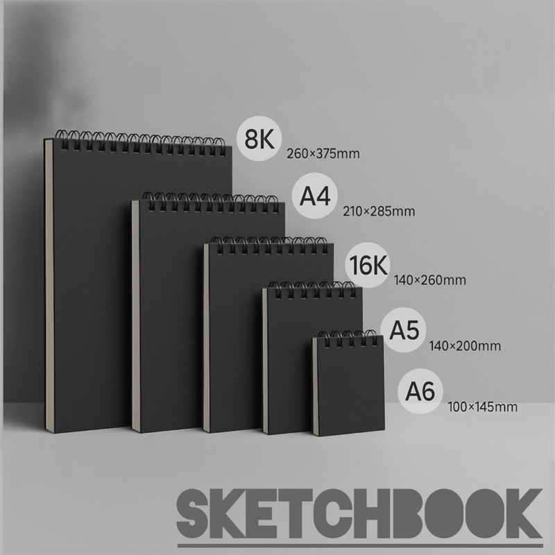 A6 A5 16K A4 8K 160g Thick Paper Sketchbook Black Cover Scribbling Pad Art Portrait Coil Sketch ...