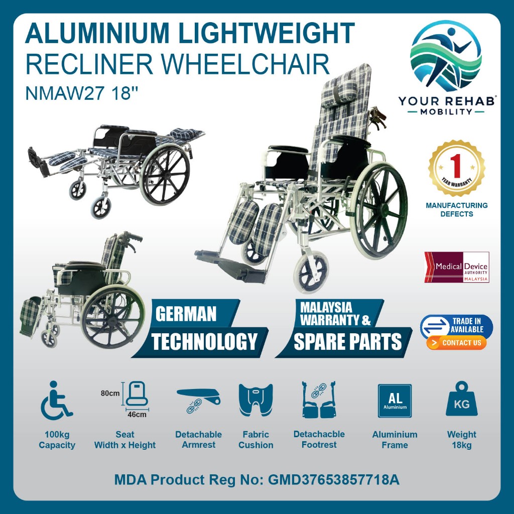 Your Rehab Mobility Aluminium Lightweight Recliner Wheelchair (18 ...
