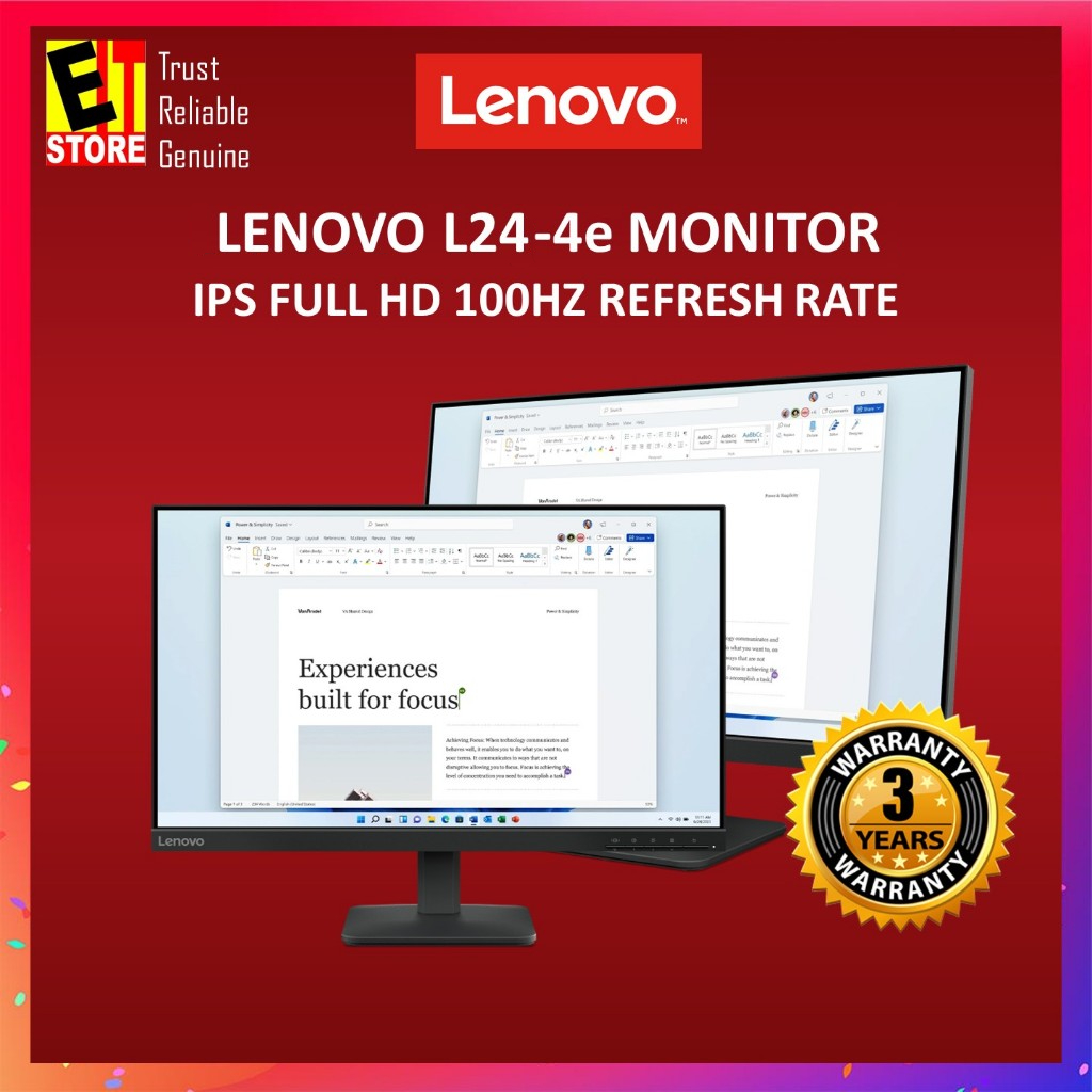 LENOVO Monitor L24-4e 24" IPS 100HZ REFRESH RATE / FULL HD/ HDMI + VGA ...