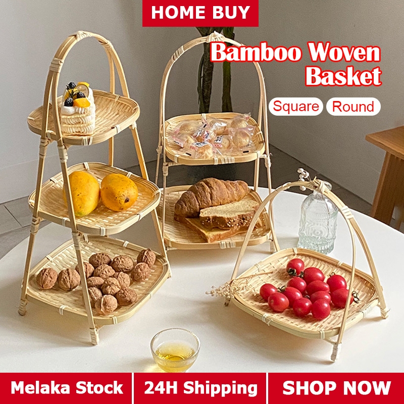 1/2/3 Tier Bamboo Storage Baskets Round Square Handle Basket Handmade ...