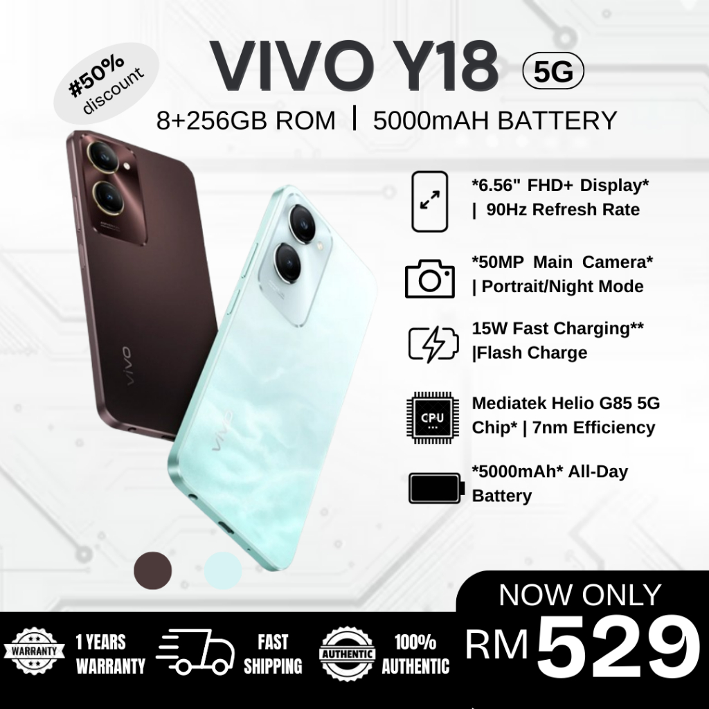 New vivo Y18 8+8GB* Extended RAM + 256GB ROM 5000 mAh Large Battery+3 Years Audio Booster 90Hz ...
