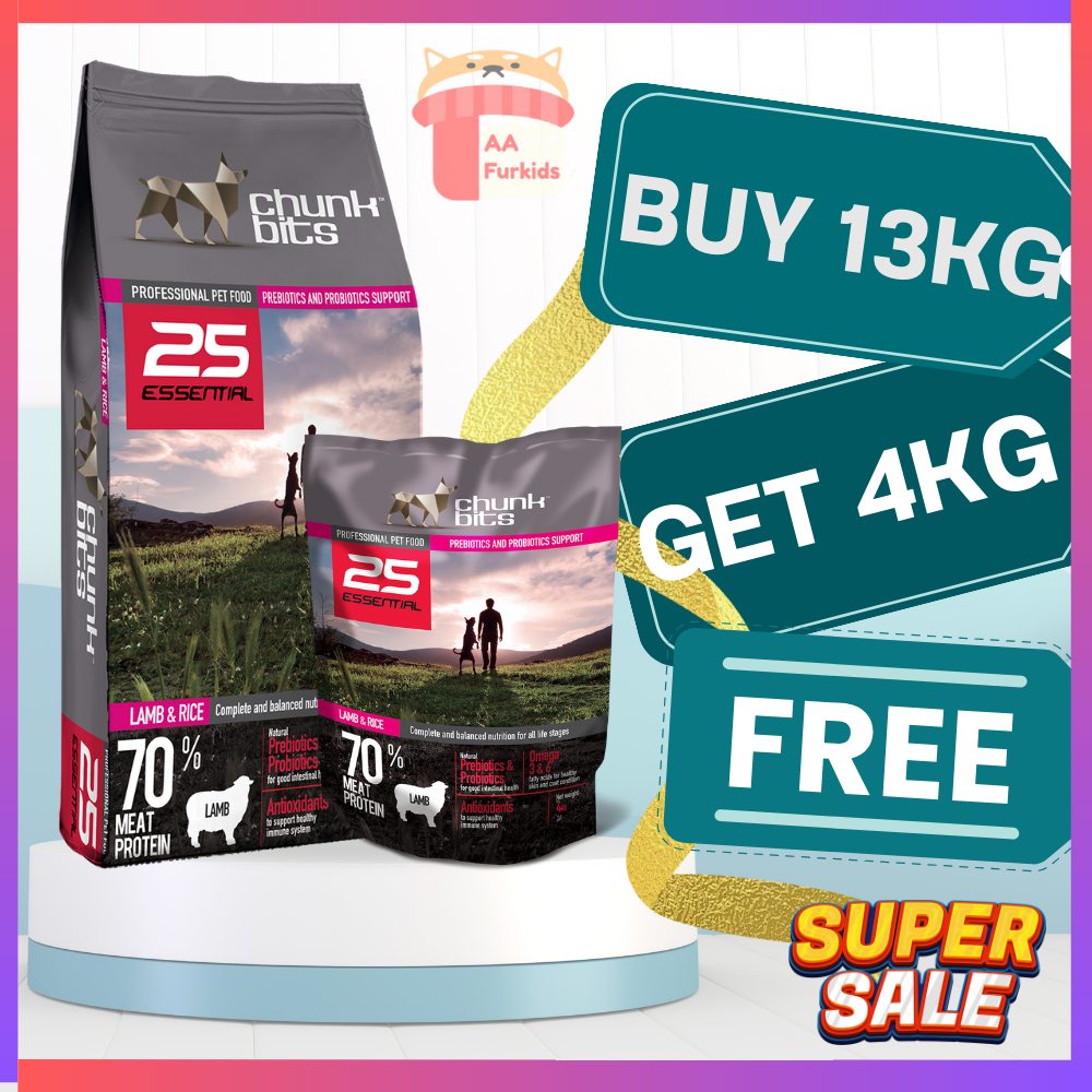 (13KG+4KG)(Exp:08/2026) Chunk Bits Essential 25 Lamb & Rice Dog Food ...