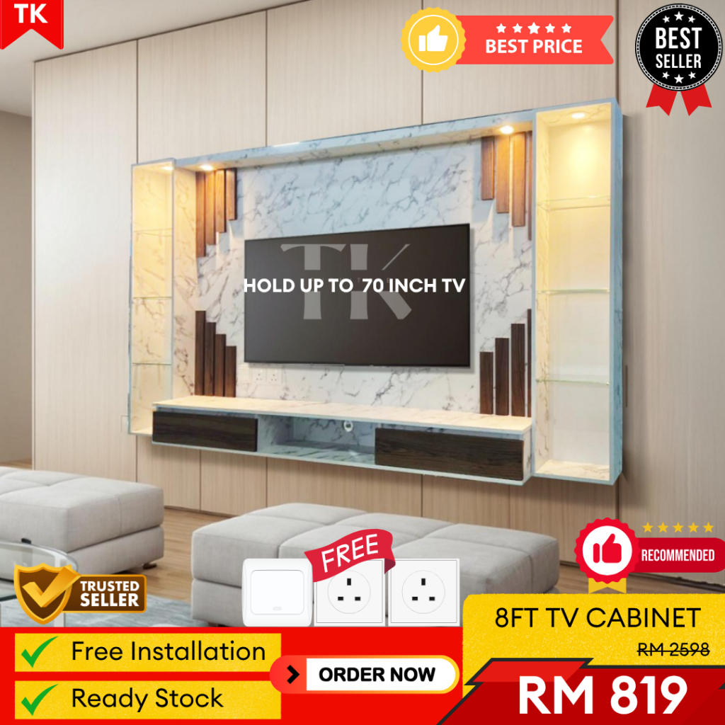 ⚡Free Installation⚡8ft TV Cabinet With Plug/Fluted/LED/Almari TV ...