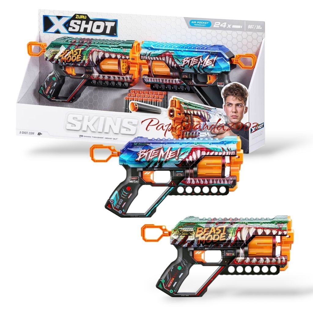Zuru Xshot Skins Griefer 2 Pack Shark Thresher & Beast Out NERF Blaster ...