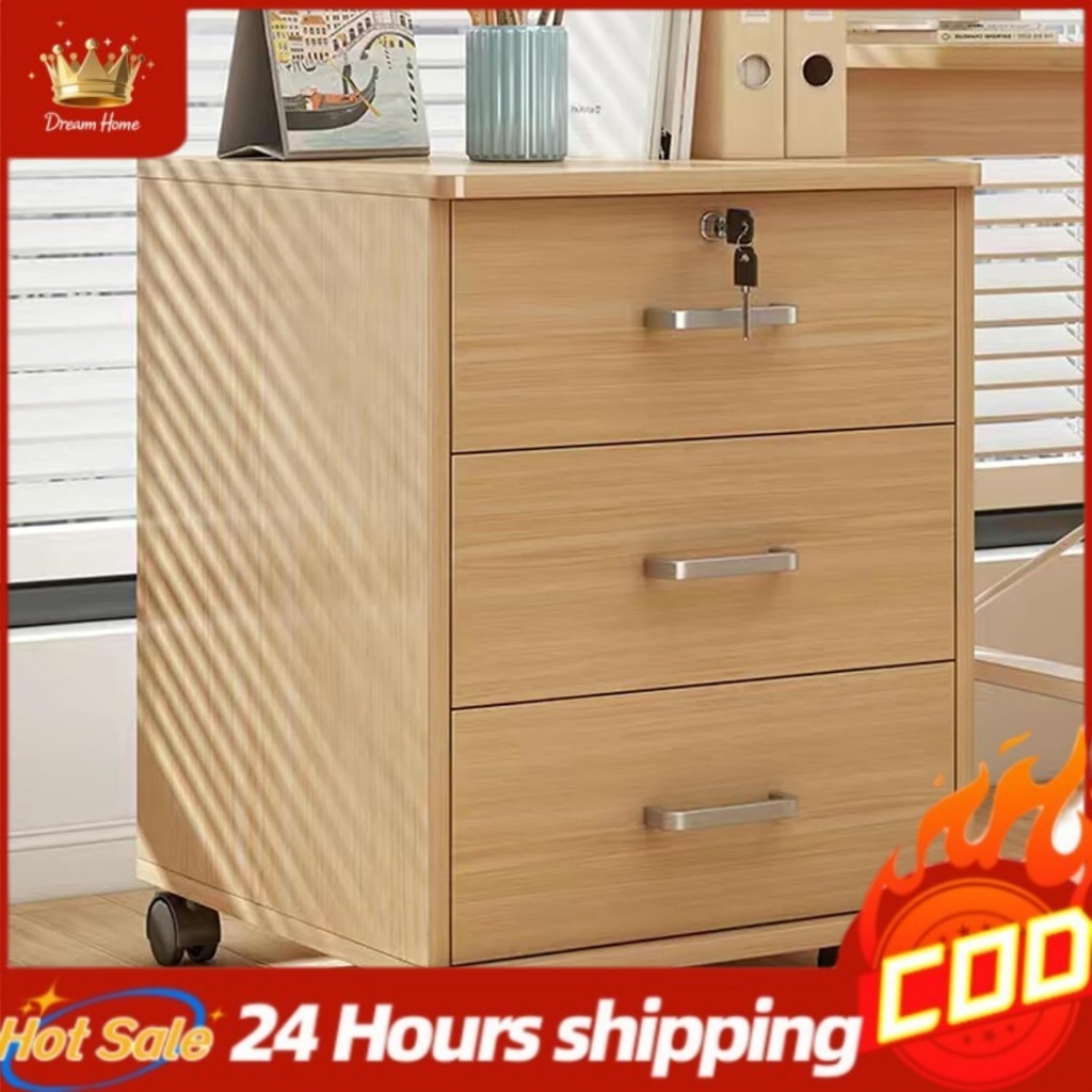 File Cabinet with 3 Drawers & Wheels, Lockable Storage Unit Wooden ...