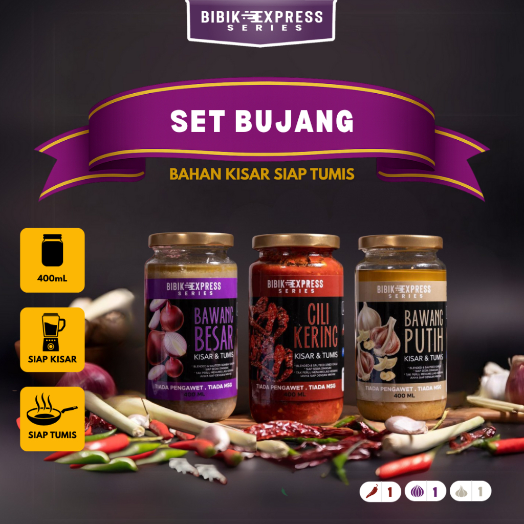BIBIK EXPRESS SET BUJANG Bahan kisar siap tumis Bawang Besar Bawang putih dan Cili kering 400ml ...