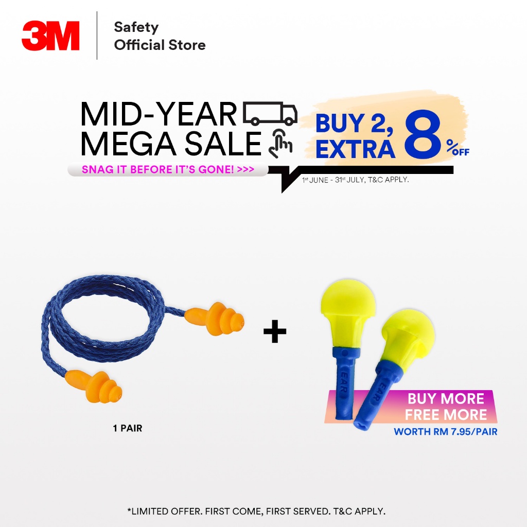 3M™ 1271 Reusable Earplugs /Corded/ SNR 26 dB/ DOSH SIRIM [1 Pair] EP ...