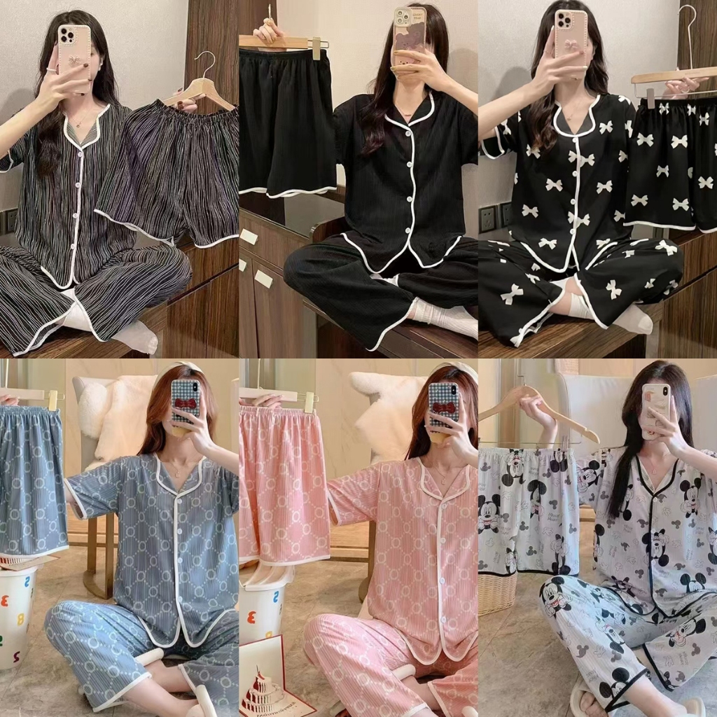 3KE01 Cloud Cotton Pajamas Women Summer Three-Piece Cardigan Short ...