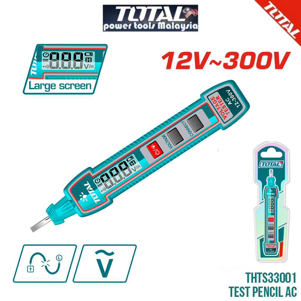 TOTAL LCD Test Pencil (AC 12-300V) Sound & Light Alarm + Auto Power Off ...