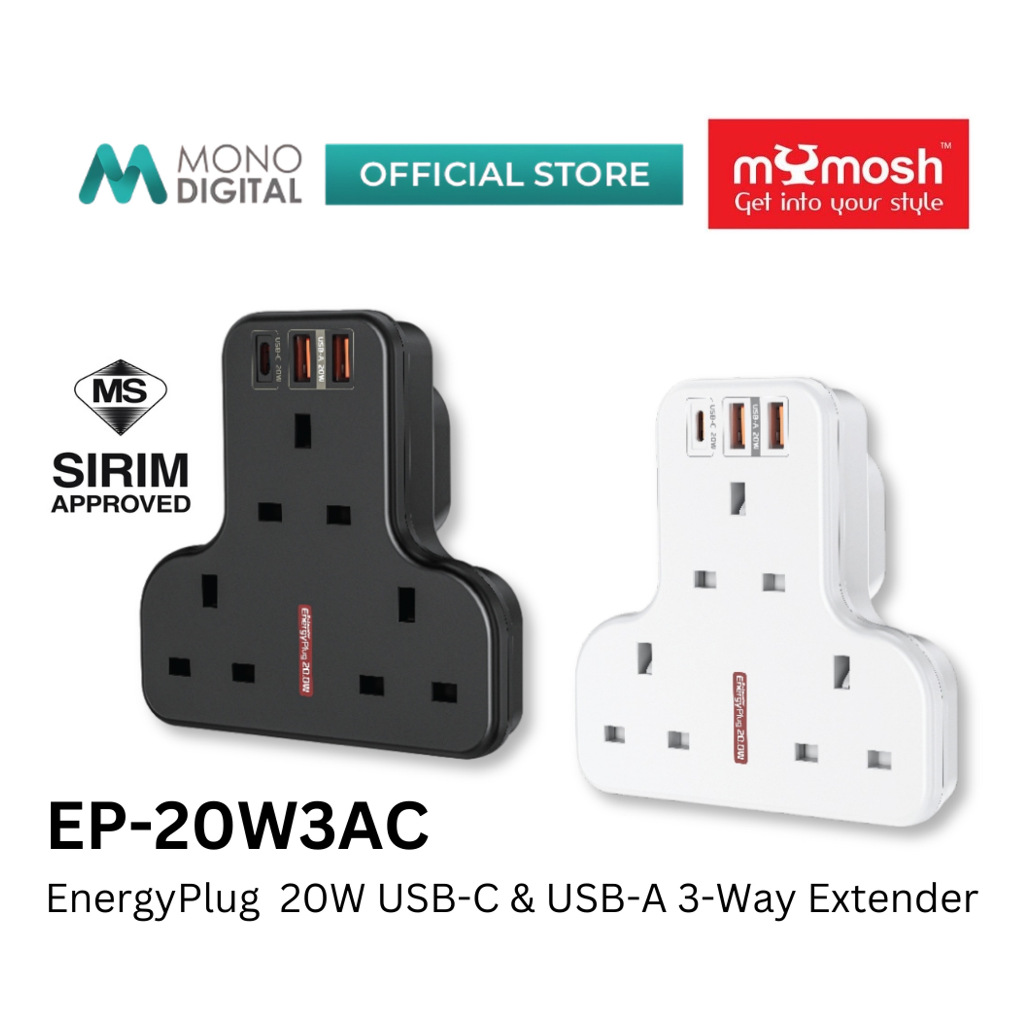 MYMOSH EP-20W3AC 6-IN-1 3-WAY WALL ENERGYPLUG OUTLET EXTENDER WITH 20W ...