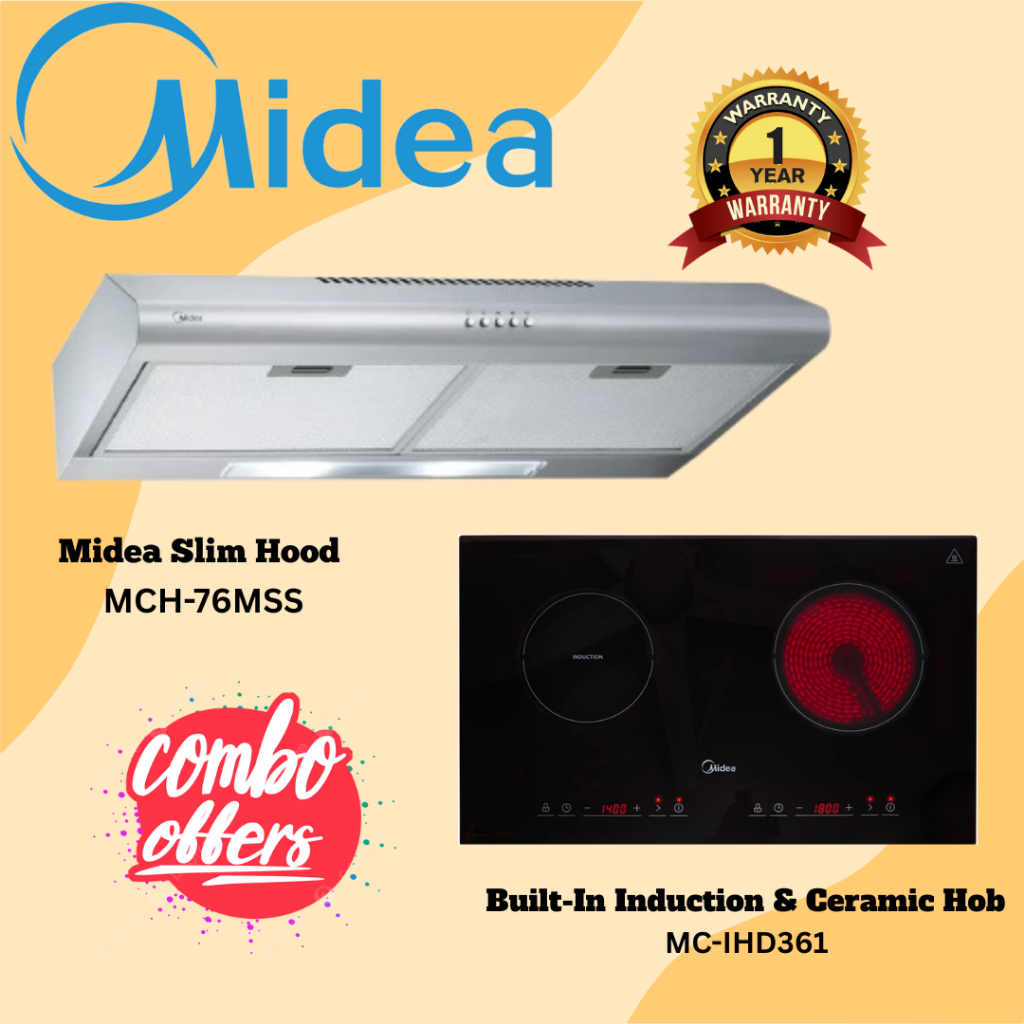 [Combo Deal]Midea Slim Cooker Hood MCH-76MSS + Midea MC-IHD361 Built-In ...