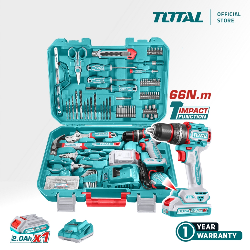 TOTAL Tools Set (165 Pcs) P20S Cordless Drill (20V) + Screwdriver ...