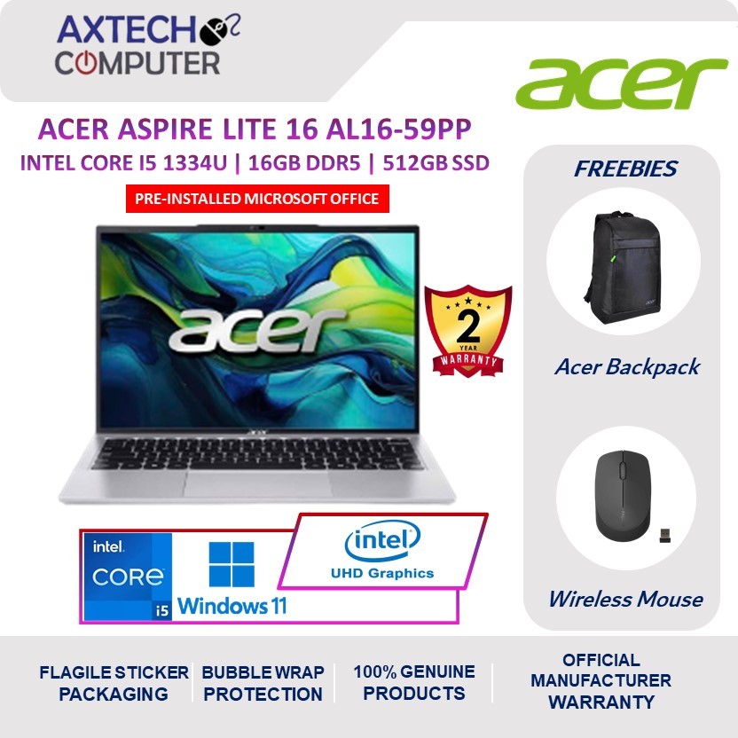 Acer Aspire Lite 16 AL16-52P-59PP 16" WUXGA Laptop Steel Grey ( i5-1334U, 16GB, 512GB SSD, Intel ...