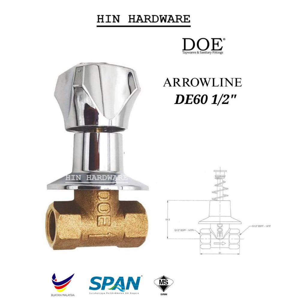 HIN DOE DE60(RP) Water Tap Stopcock 1/2" DOE Conceal Stopcock Valve DOE ...
