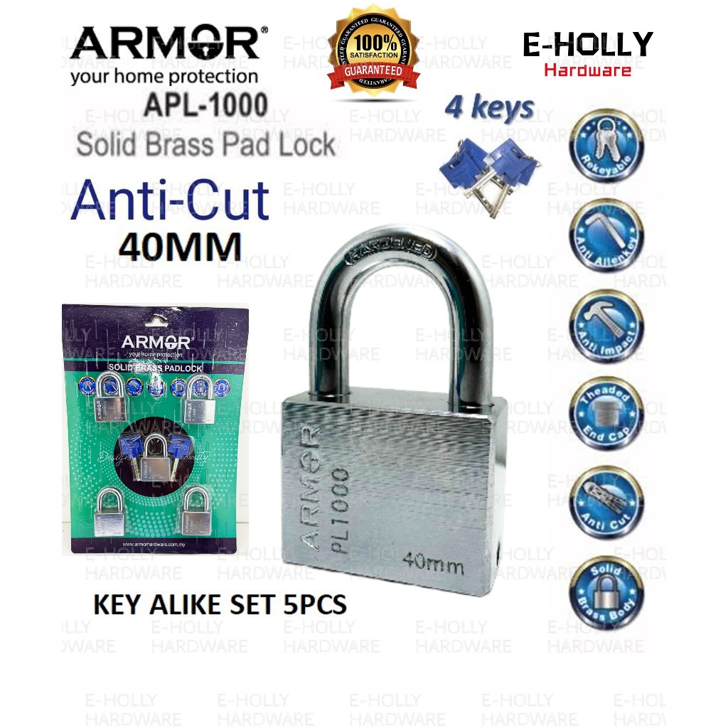ARMOR APL-1000 40MM SOLID BRASS PADLOCK ANTI CUT (KEY ALIKE SET 5 PCS ...