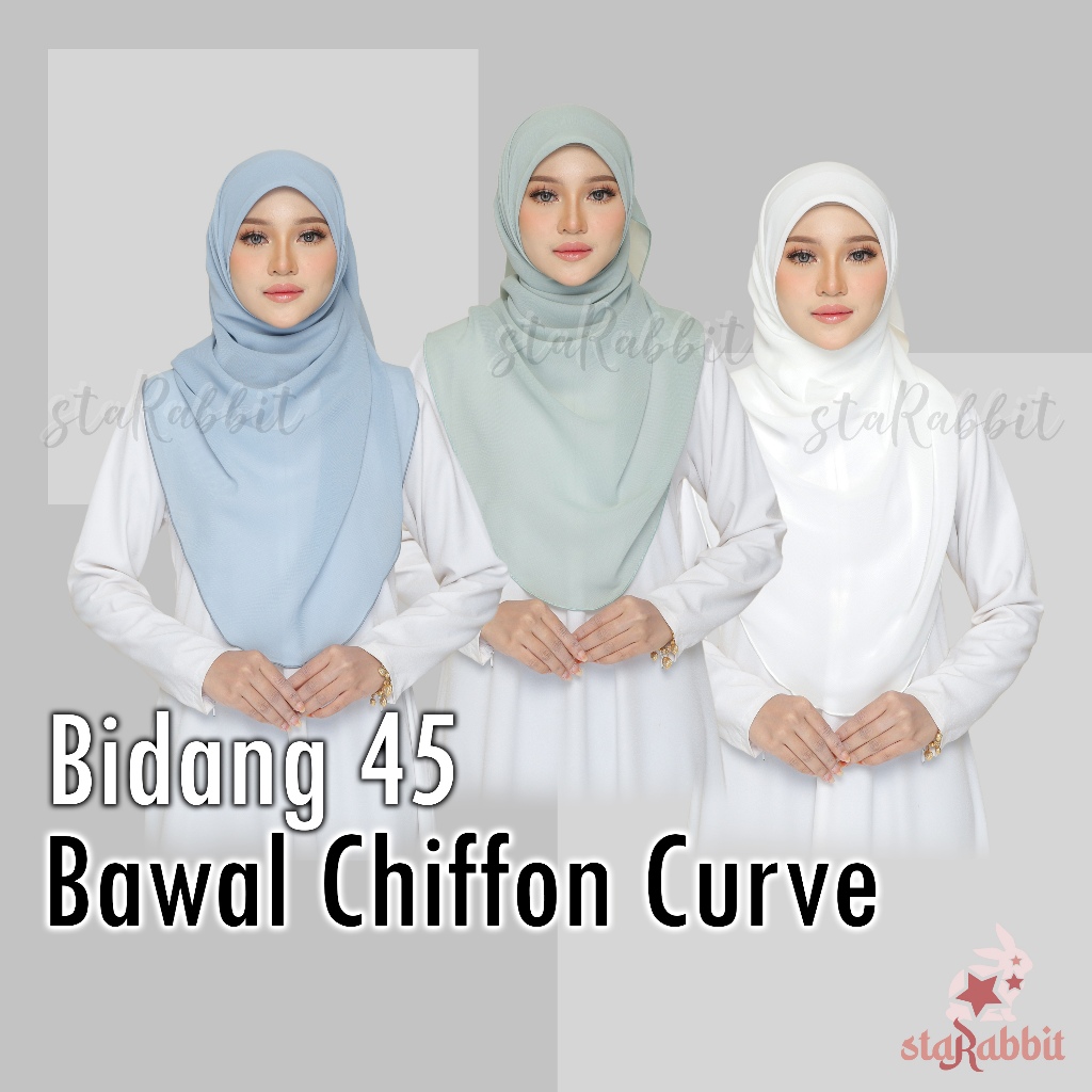 Tudung Bawal Chiffon Voile CURVE Bidang 45 Plain Bucu Bulat Mudah ...