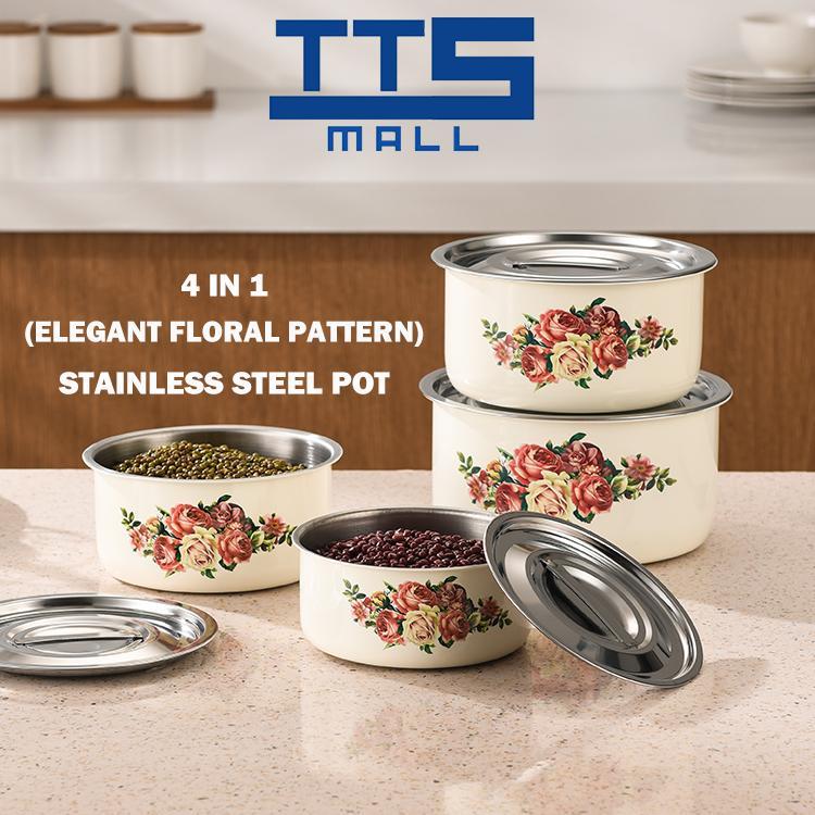 4 IN 1 Stainless Steel Food Soup Pot Set With Lid And Exquisite Floral ...