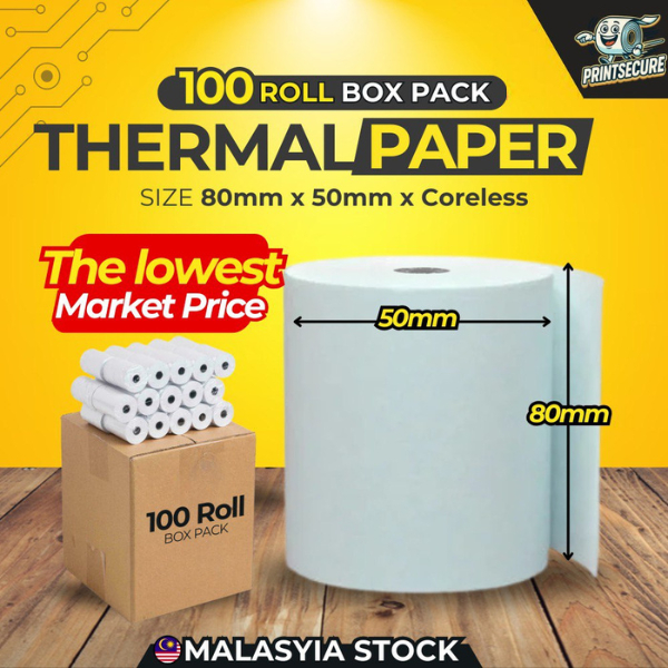 Coreless Thermal Paper 80mmx50mm (100 Rolls/Box) /Kertas Thermal ...