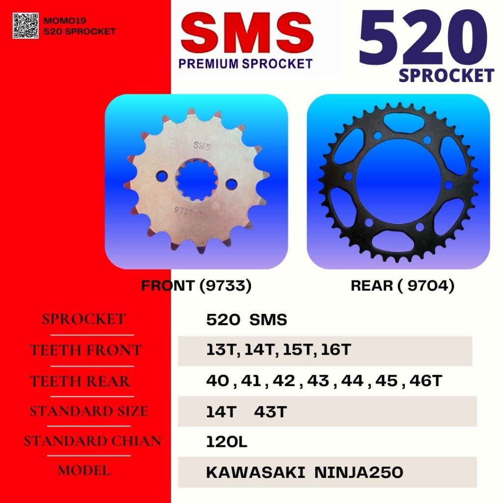 SMS SPROCKET 520 KAWASAKI NINJA250 VERSYS X 250 ZX25R NINJA250SL Z250SL ...
