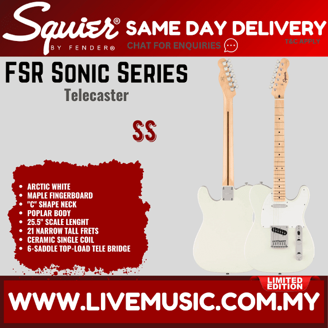 Squier FSR Sonic Telecaster Electric Guitar w/White Pickguard, Maple FB, Arctic White | Shopee ...